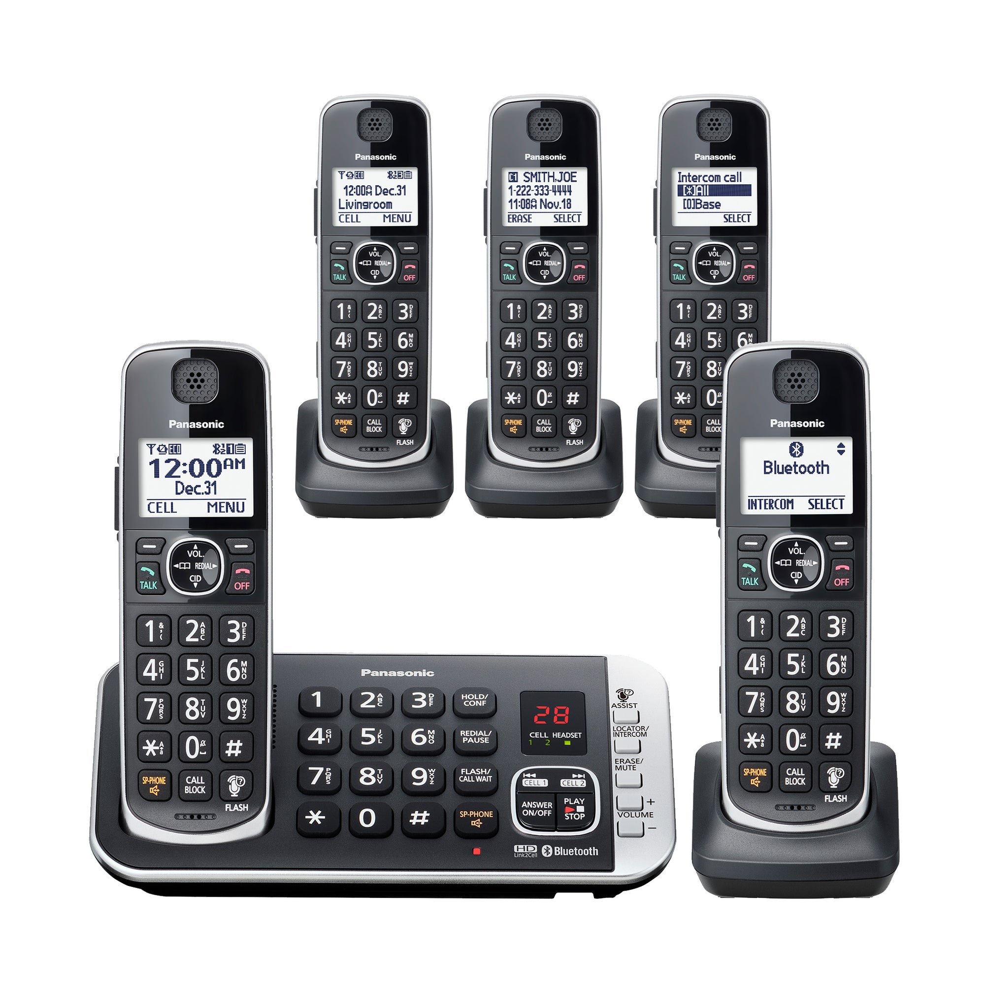 Panasonic Link2Cell Cordless Phone System with 5 Handsets, Digital Answering Machine - KX-TGE675B