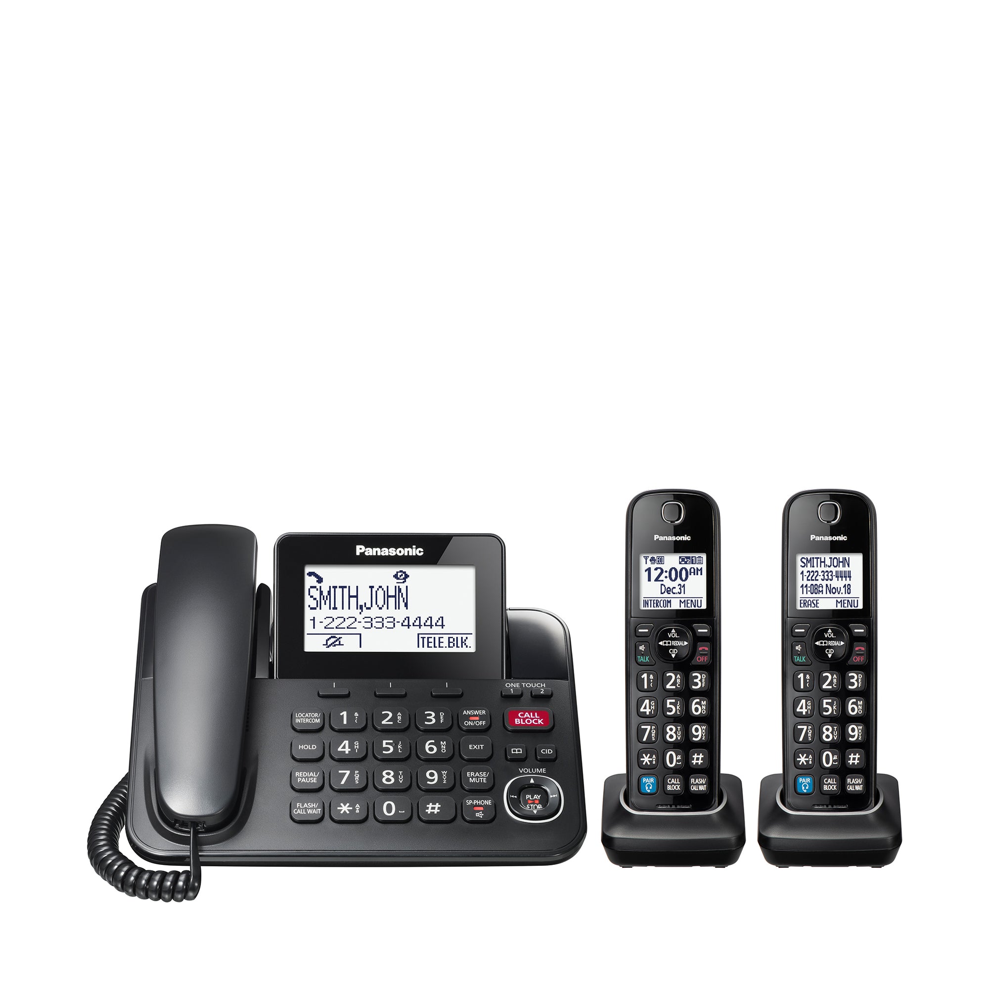 Panasonic Corded Phone System with Bluetooth Pairing and 2 Cordless Handets, Digital Answering ...